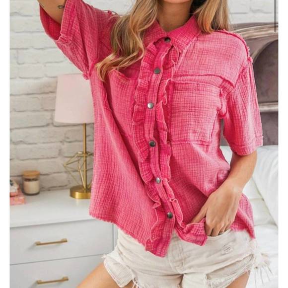 BiBi | Tops | New Bibi Muslin Frayed Button Up Top In Fuchsia | Poshmark
